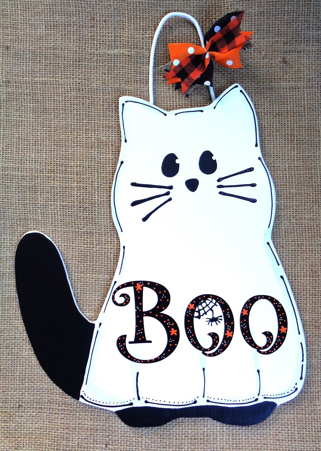 BOO BLACK CAT Ghost Halloween Sign Plaque Wall Decor Room Door Hanger ...