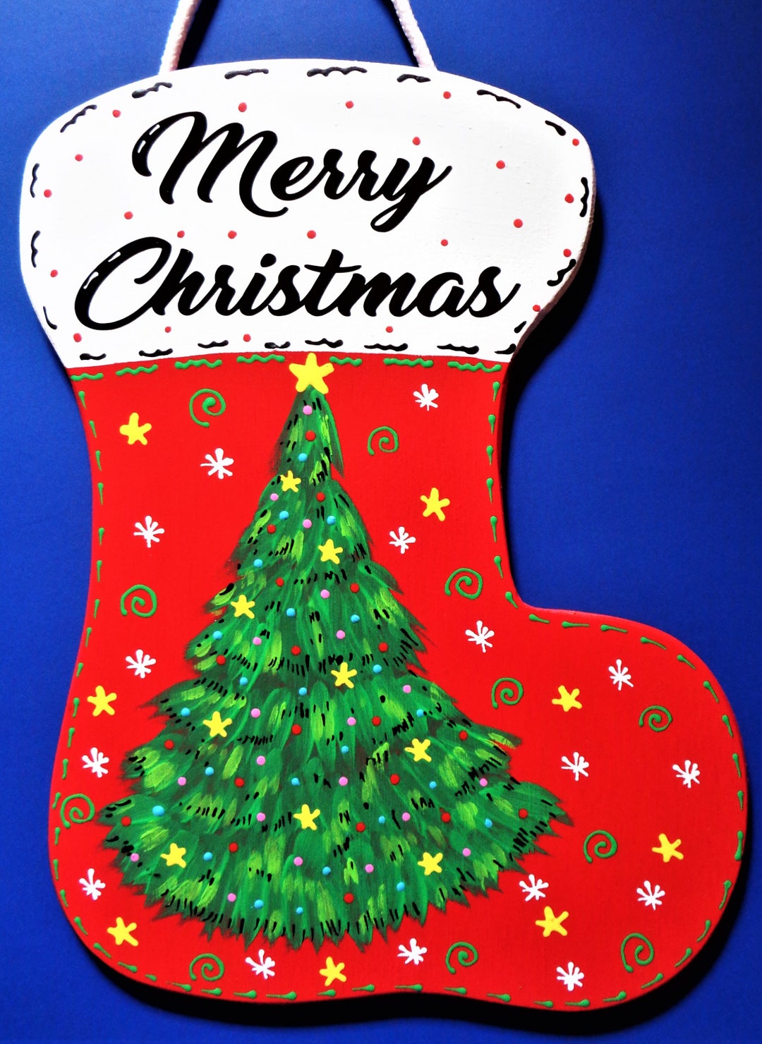 MERRY CHRISTMAS Wood Stocking SIGN Wall Door Hanger Plaque Holiday ...