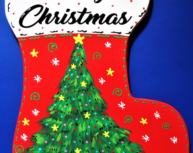 MERRY CHRISTMAS Wood Stocking SIGN Wall Door Hanger Plaque - Etsy