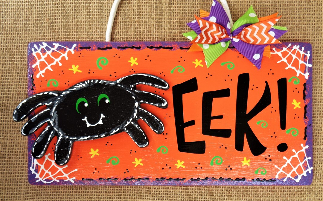 Eek SPIDER HALLOWEEN SIGN Wall Art Door Hanger Plaque Wreath Attachment ...
