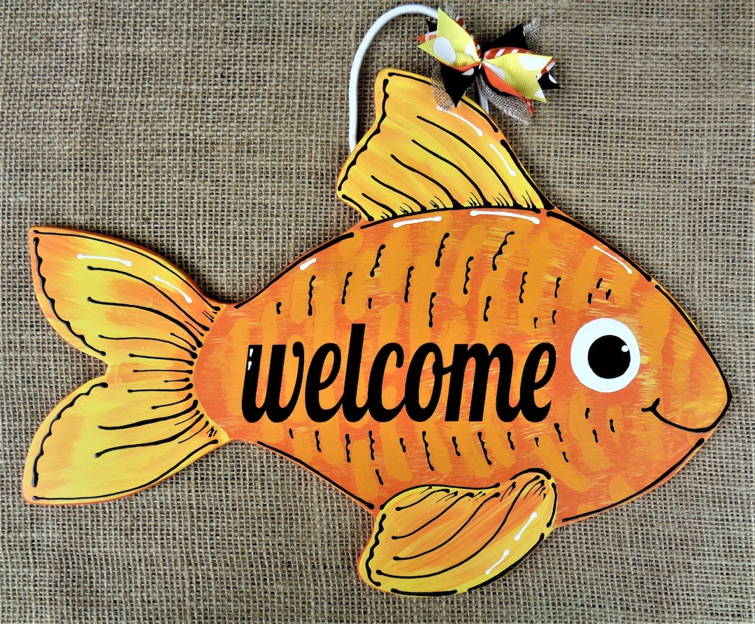 Welcome GOLD FISH SIGN Pool Deck Patio Porch Door Wall Art Beach Plaque ...