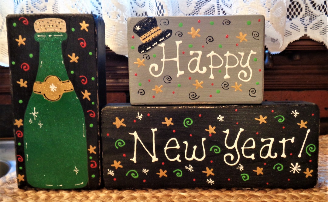 Distressed Happy New Year 3 Pc Glittered WOOD BLOCK Shelf Sitter SET ...
