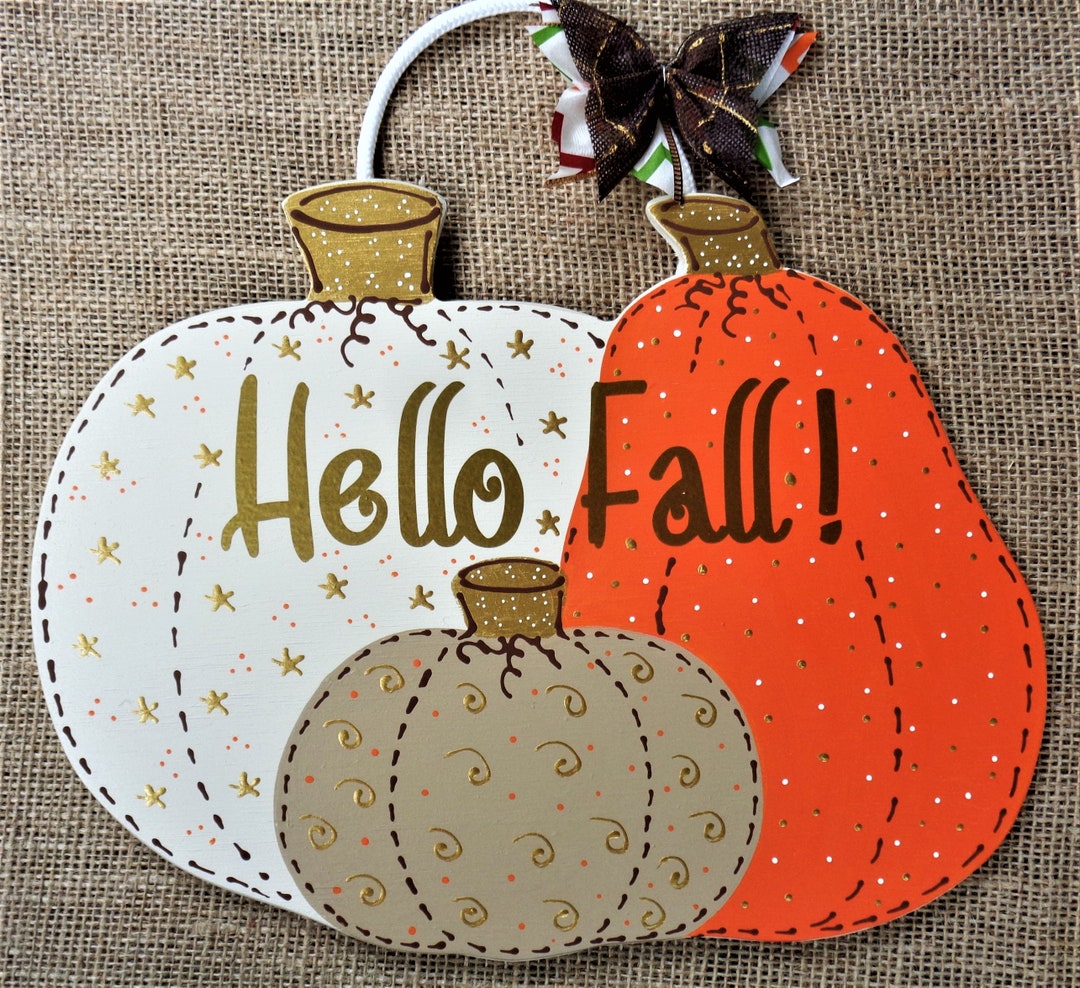 HELLO FALL Pumpkins Thanksgiving SIGN Wall Art Hanger Door Plaque ...
