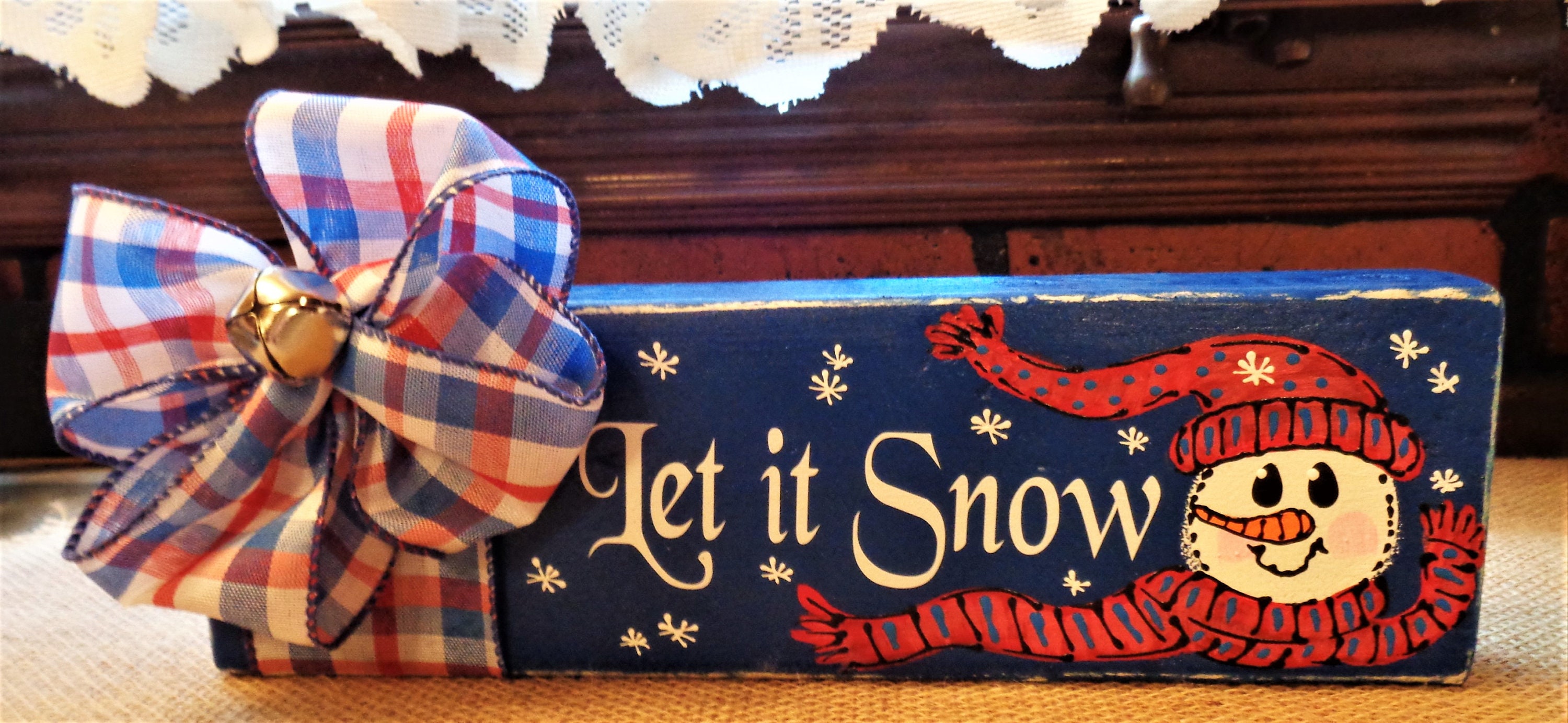 Distressed Rustic Let It Snow Wood BLOCK SHELF SITTER Snowman Winter ...