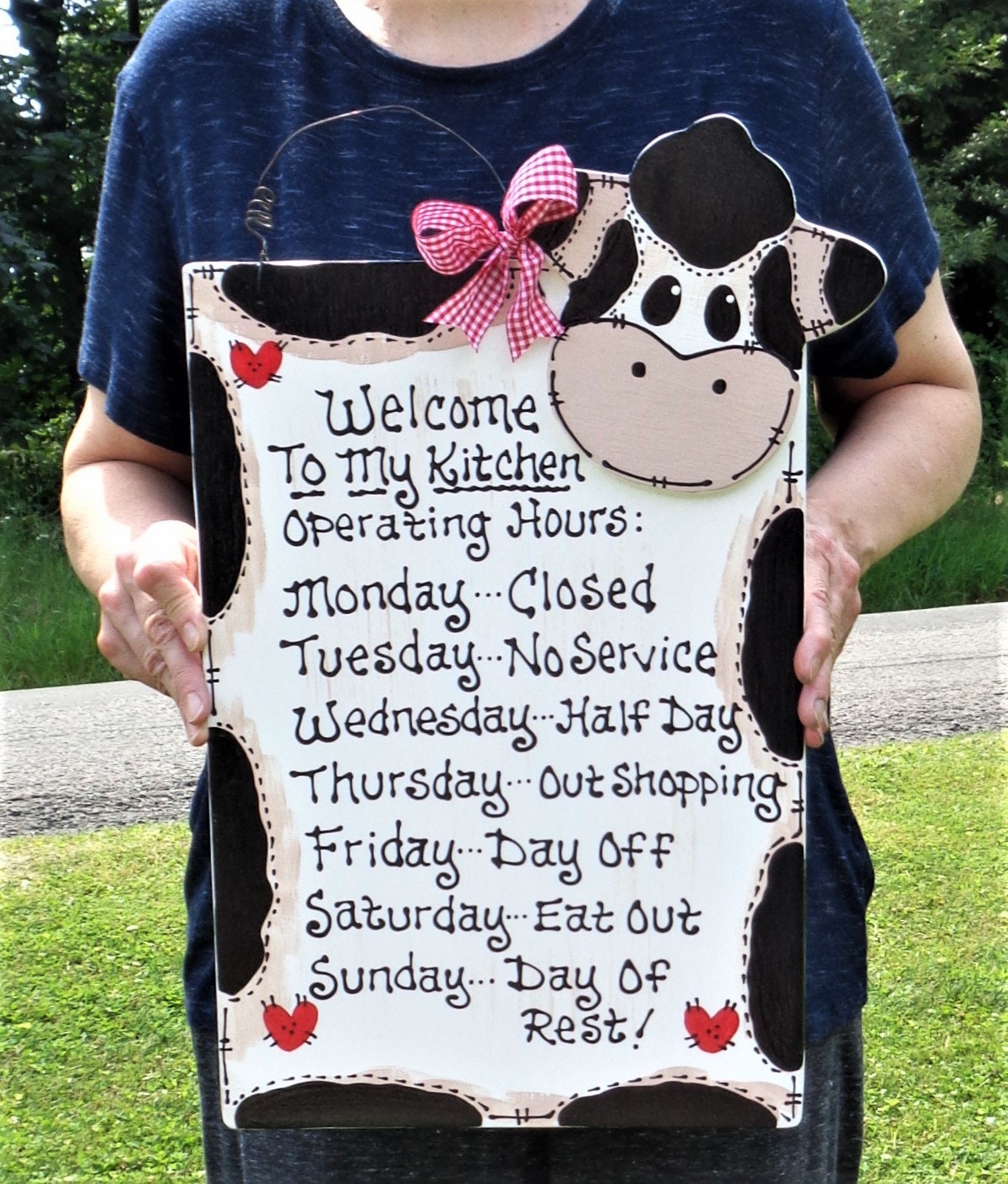 17" COW Kitchen Operating Hours SIGN Plaque Country Folk Art Wood ...