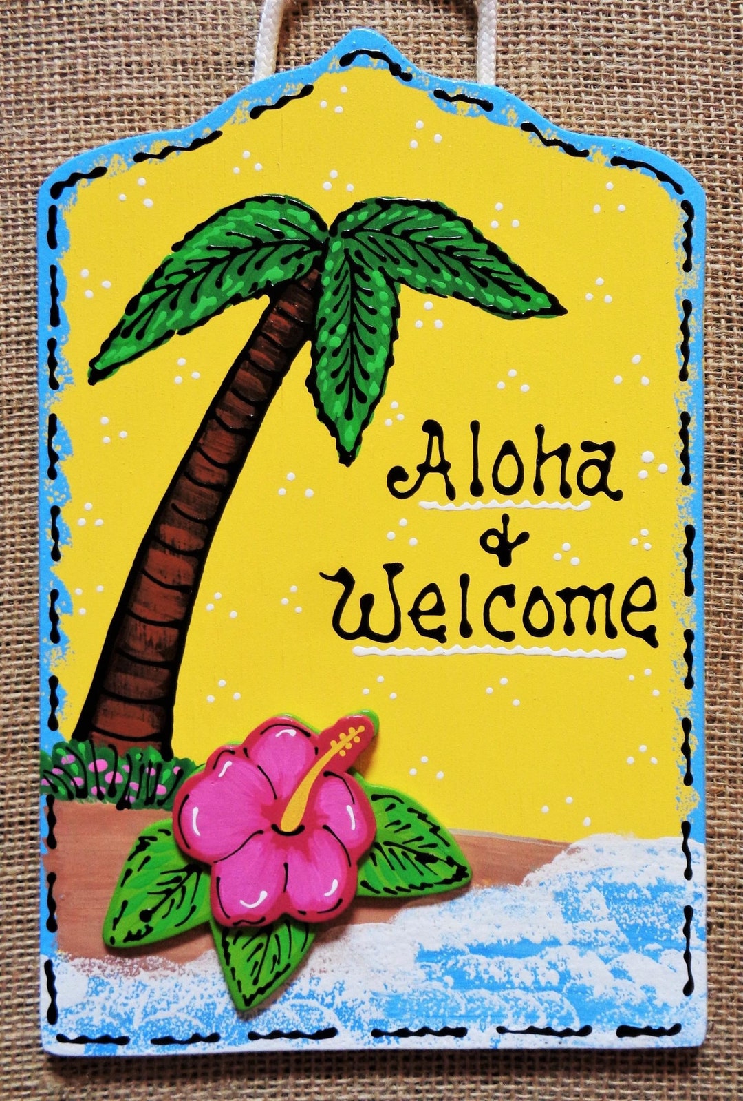 HIBISCUS PALM TREE Aloha & Welcome Tropical Sign Beach Tiki Bar Deck ...