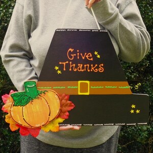 Give Thanks PILGRIM HAT Thanksgiving Sign Wall Hanger Plaque Pumpkin ...