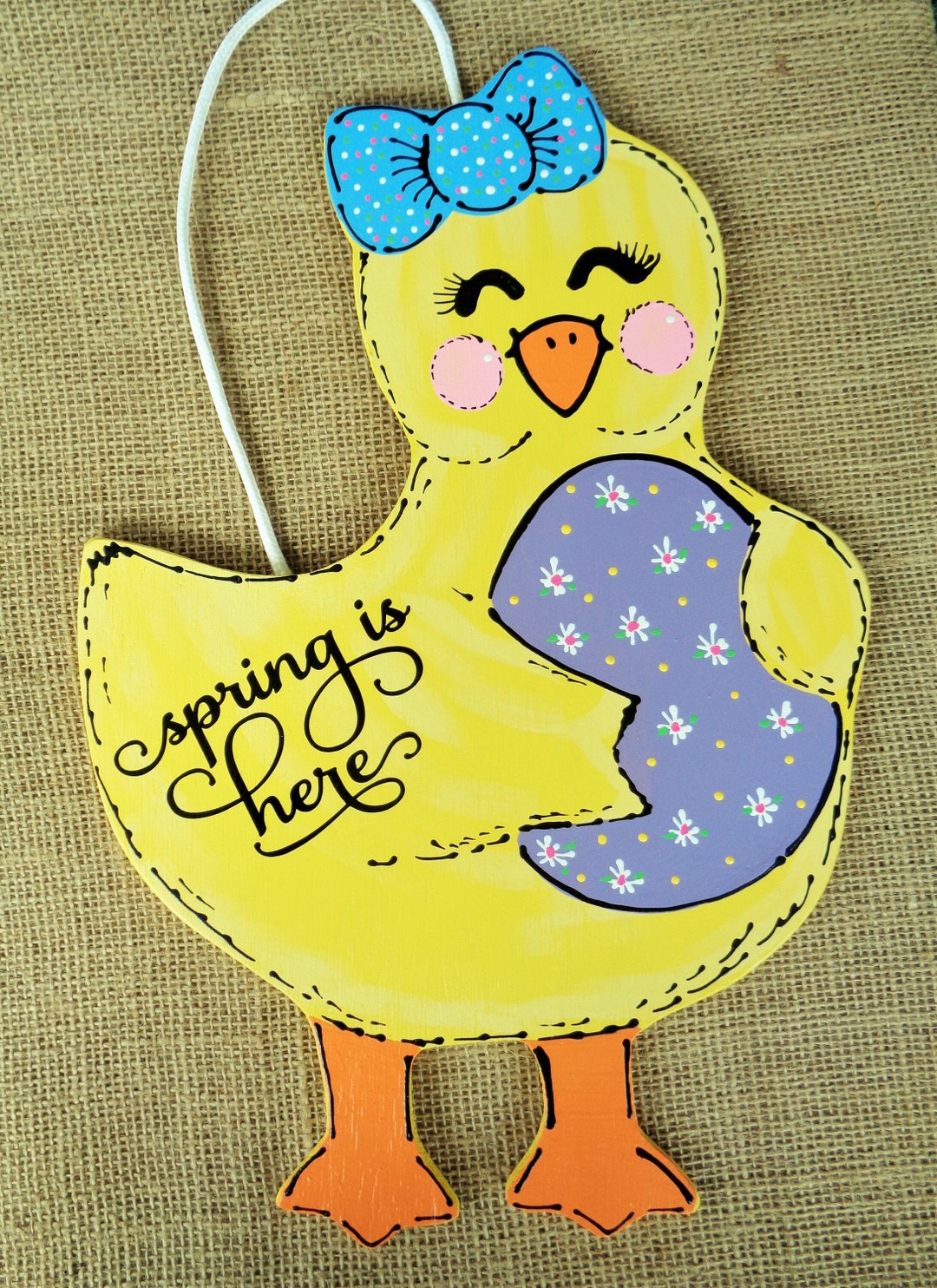 Spring is Here EASTER CHICK W/egg Wall Door Sign Hanger Hanging Plaque ...