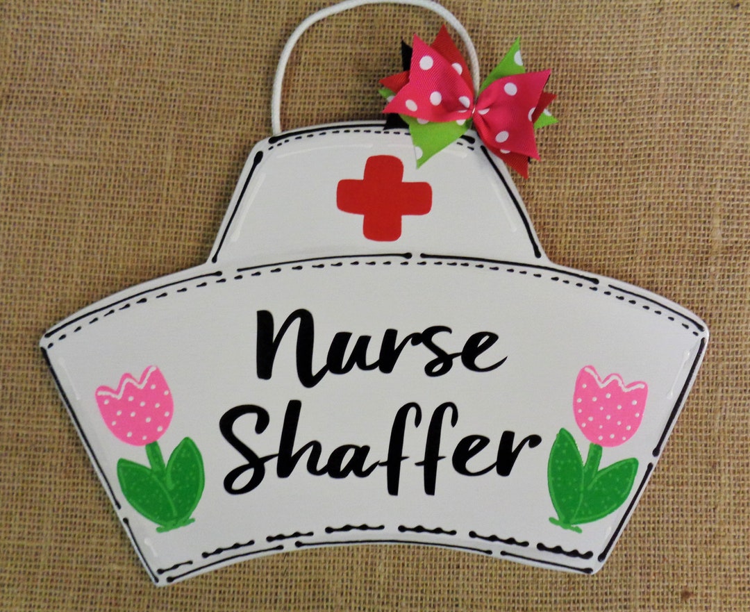 Personalized NURSE CAP SIGN Hot Pink Tulips Door Spring Hanger Plaque ...