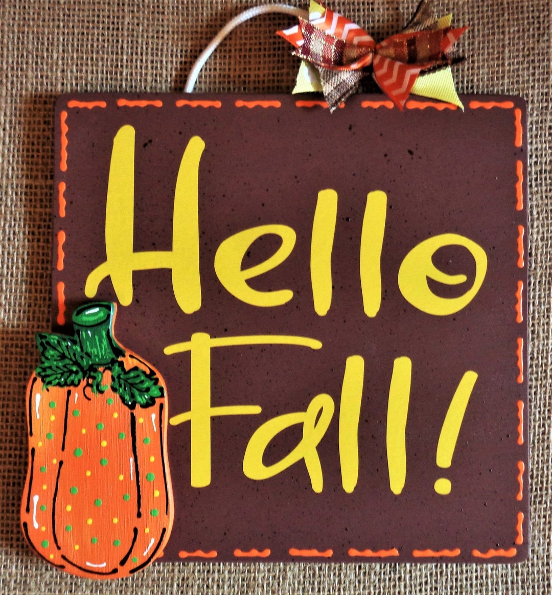 Brown HELLO FALL Pumpkin SIGN Wall Art Door Hanger Plaque Halloween ...