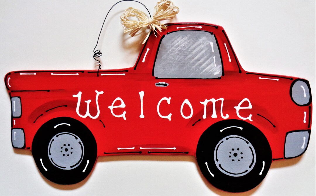 WELCOME Vintage Style RED TRUCK Sign Wall Art Door Hanger Plaque ...