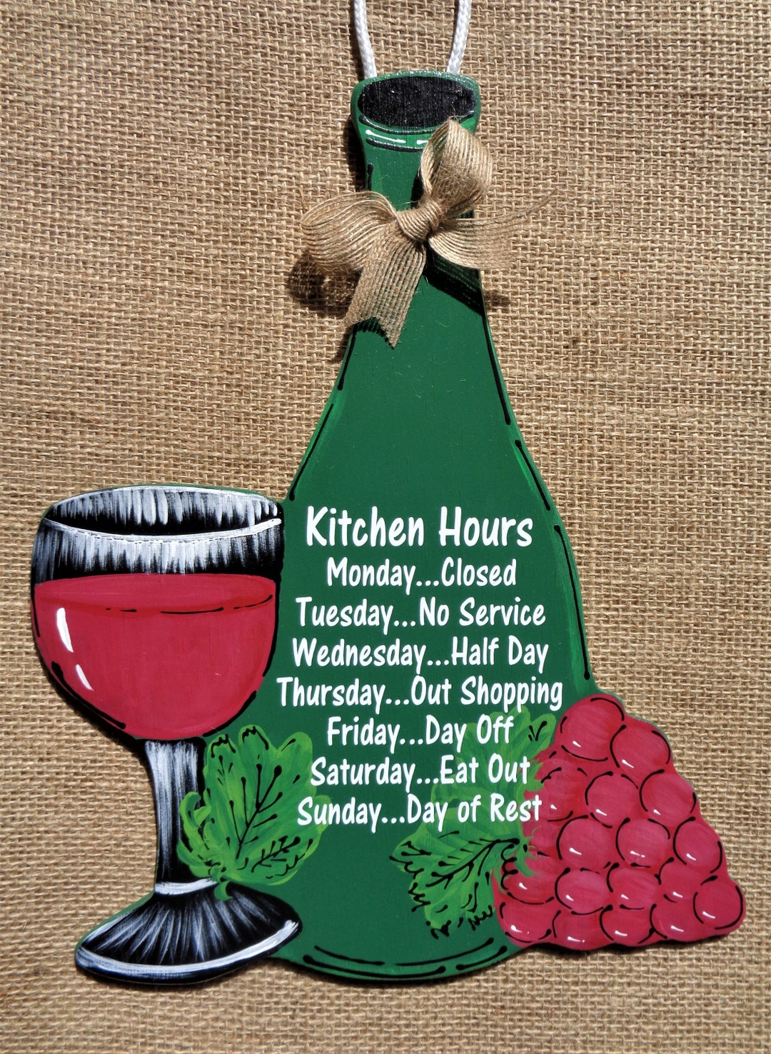 Wine Bottle Glass Grapes Kitchen Hours Sign Plaque Red Wine Operating ...
