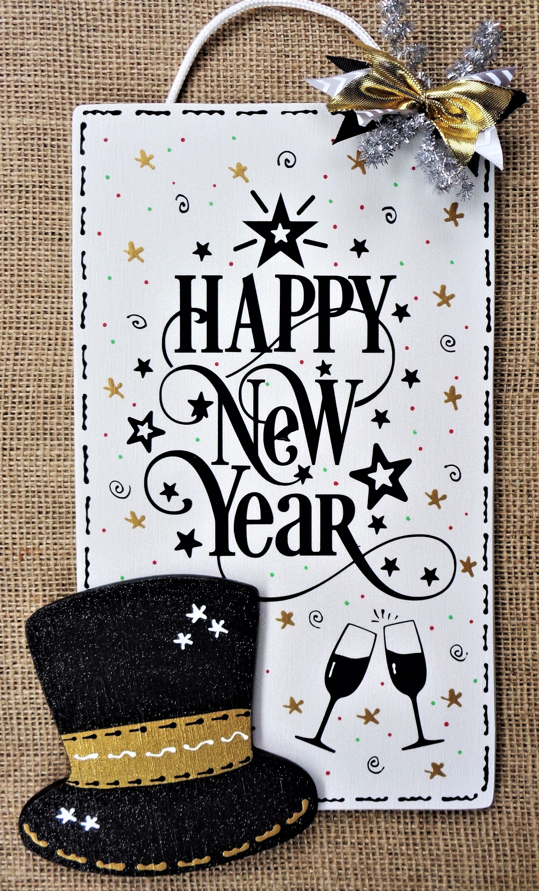 Holographic Glitter HAPPY NEW YEAR Sign Wall Art Door Hanger Plaque ...
