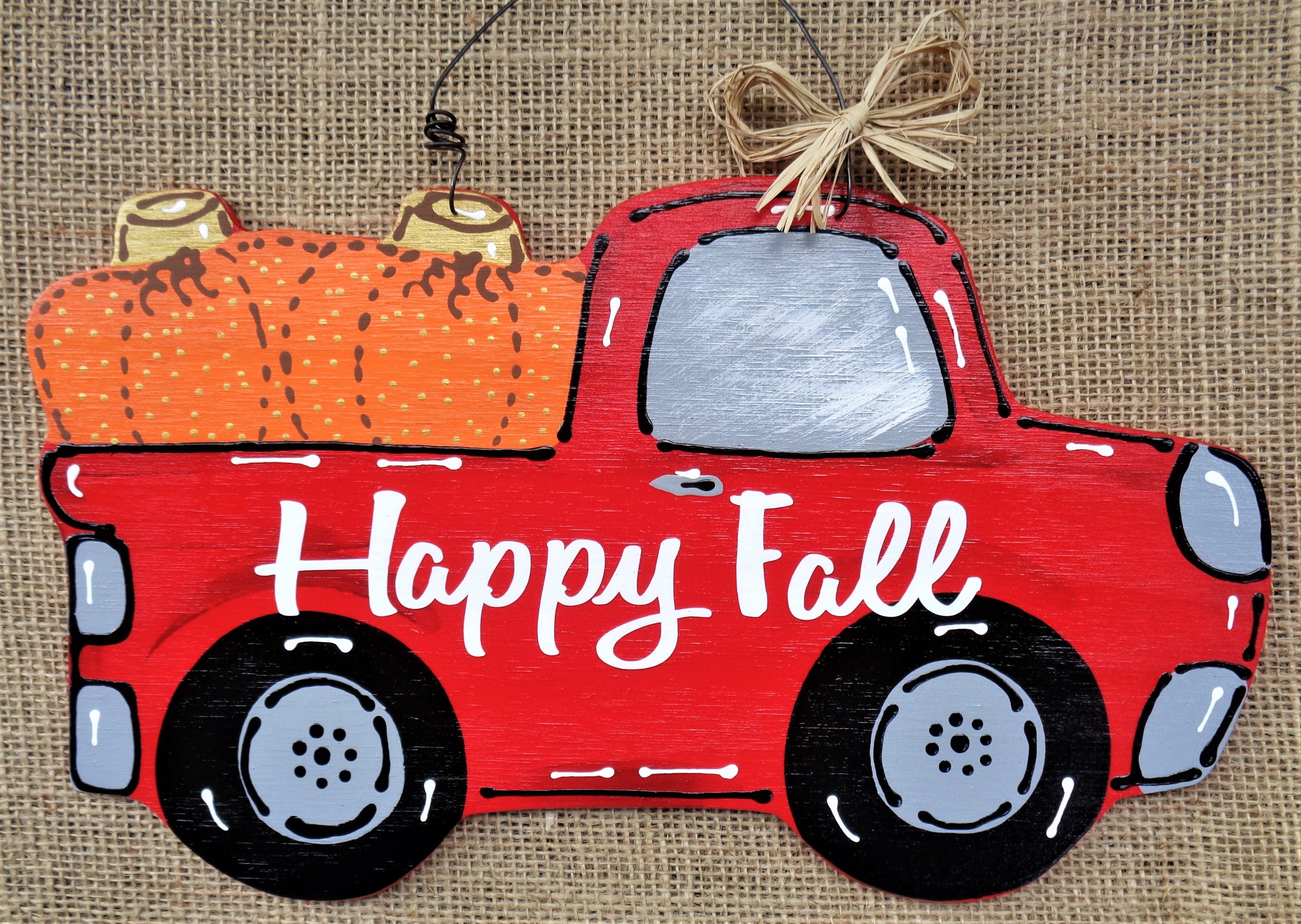 Happy Fall RED TRUCK SIGN Door Hanger Wall Art Plaque | Etsy