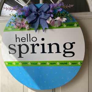 HELLO SPRING Circle Blue Door Sign Hanger Flowers Plaque Seasonal ...