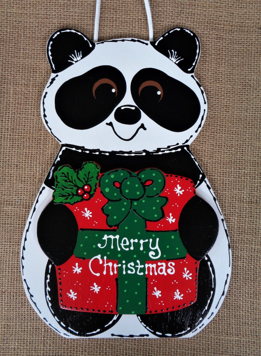 MERRY CHRISTMAS Panda Bear Door SIGN Wall Art Winter Holiday Hanger ...