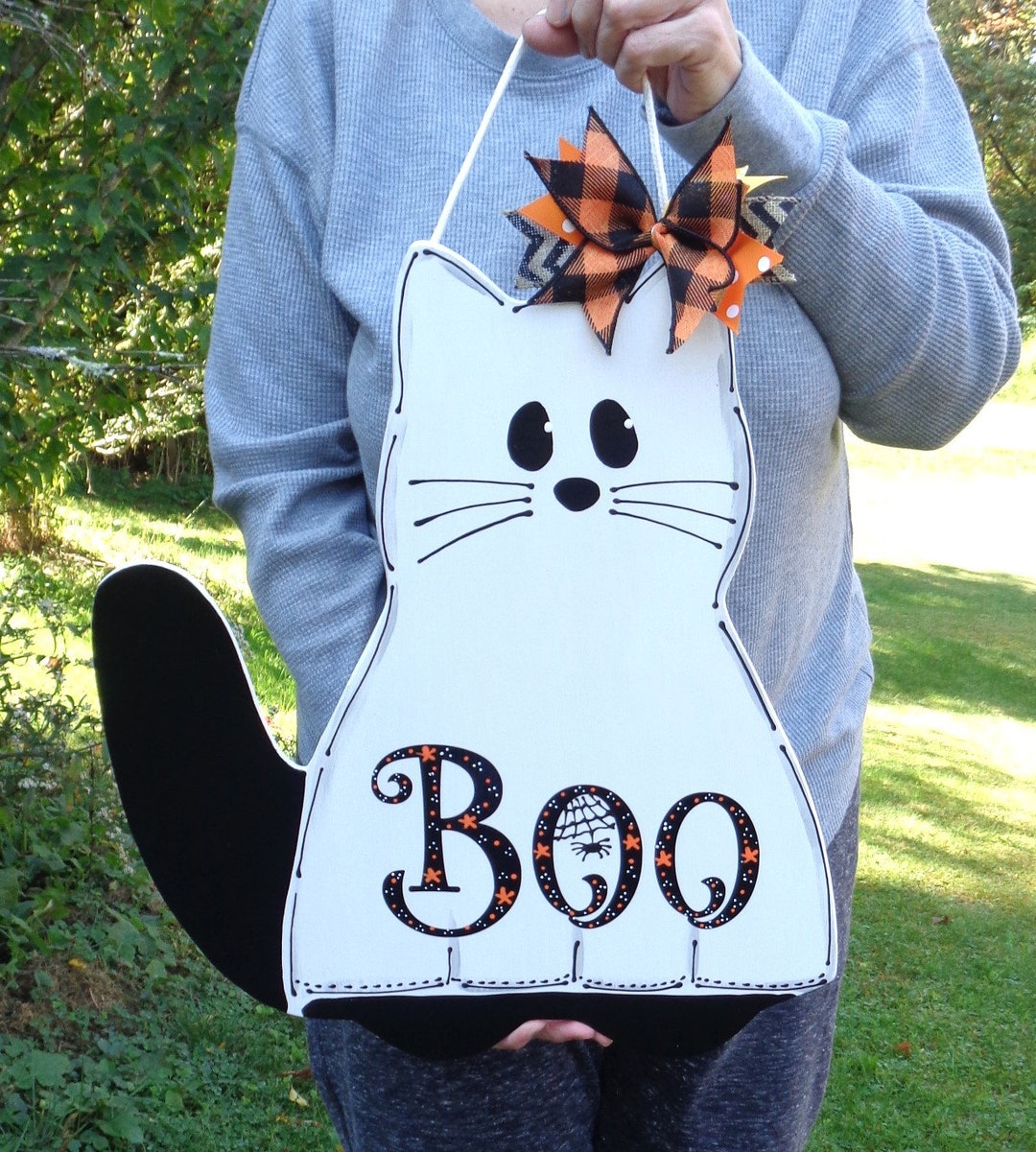 Halloween Cat Ghost Wooden Sign: Hand-painted Fall Decor (16x18") - Etsy