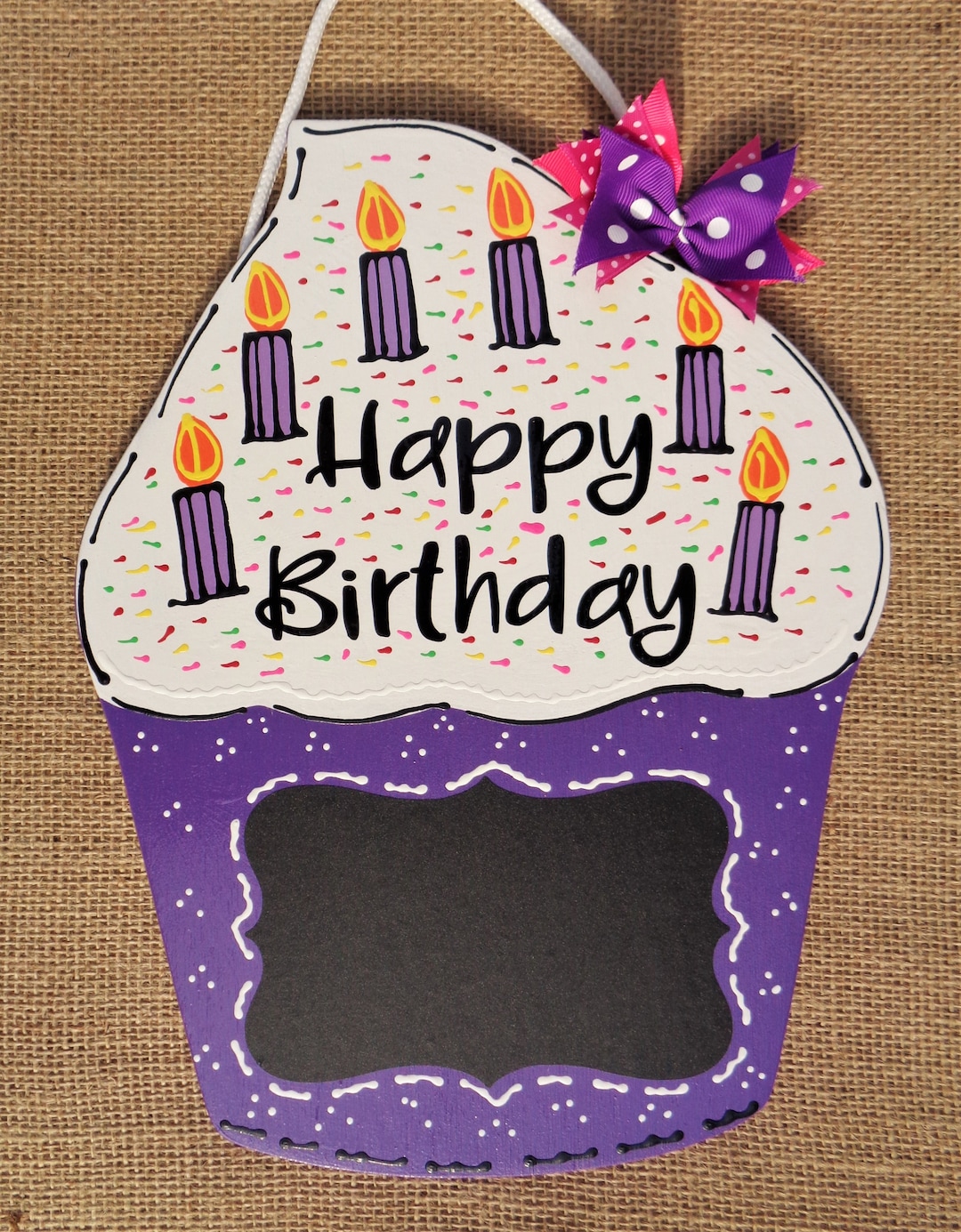 HAPPY BIRTHDAY CHALKBOARD Cupcake Sign Wall Art Purple Door Hanger ...