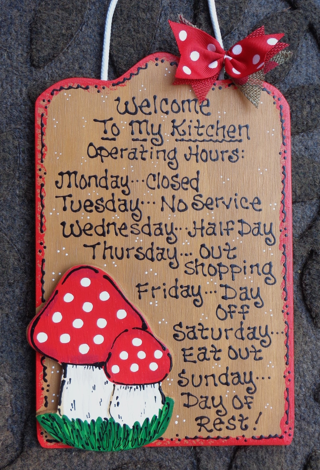 Mushroom Kitchen Operating Hours Sign: Red & White Wood Plaque - Etsy
