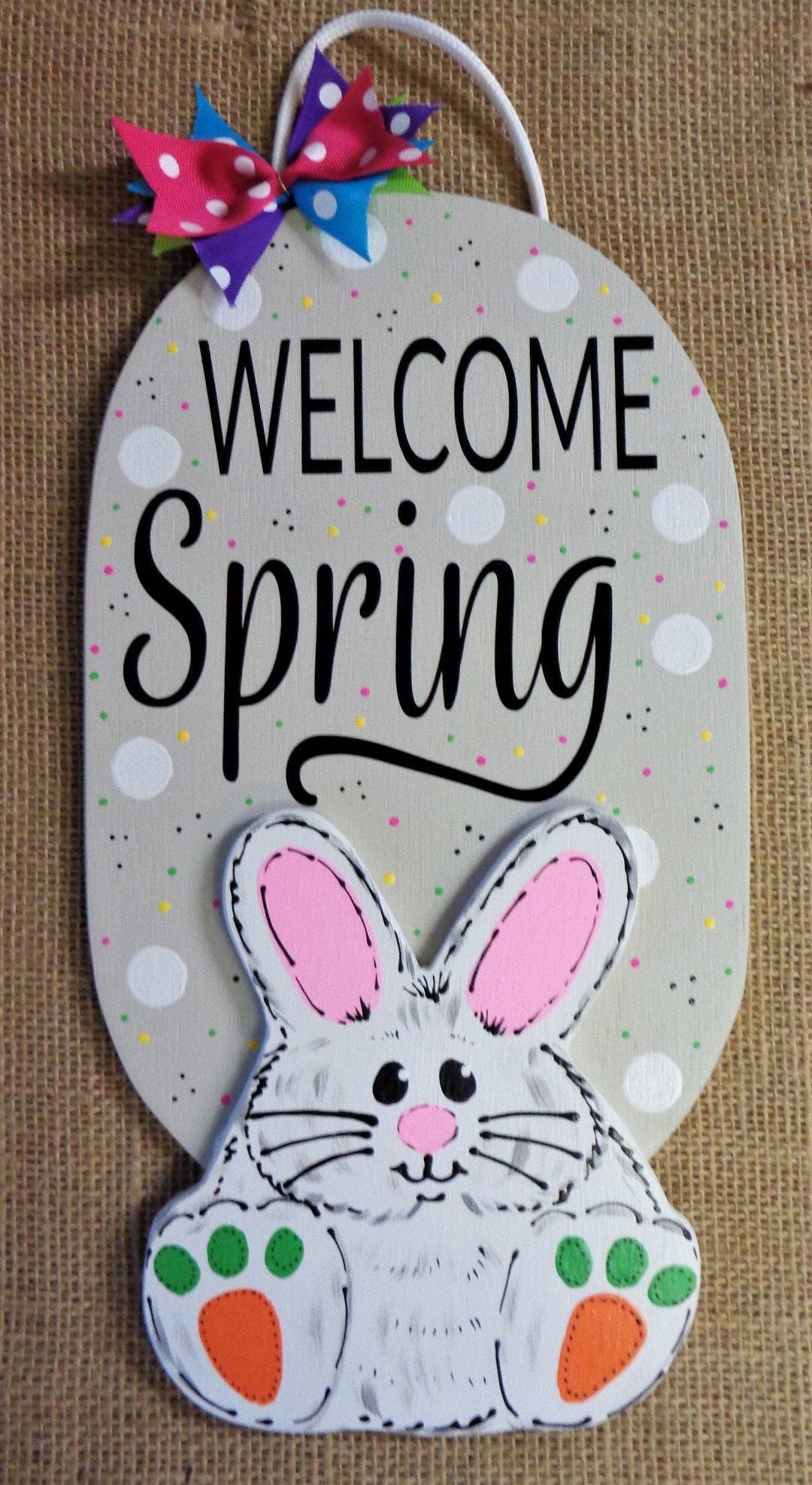 Welcome Spring Bunny Wooden Door Hanger: Hand-painted Easter Decor - Etsy