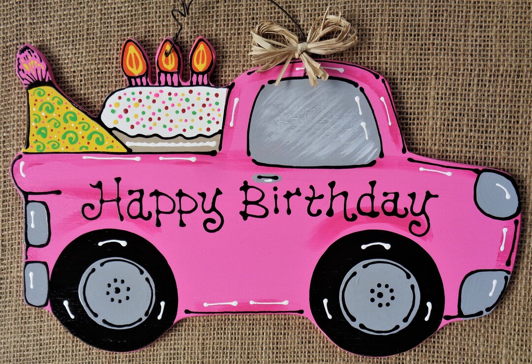 HAPPY BIRTHDAY Vintage Style Pink Truck Sign Wall Art Door Hanger ...