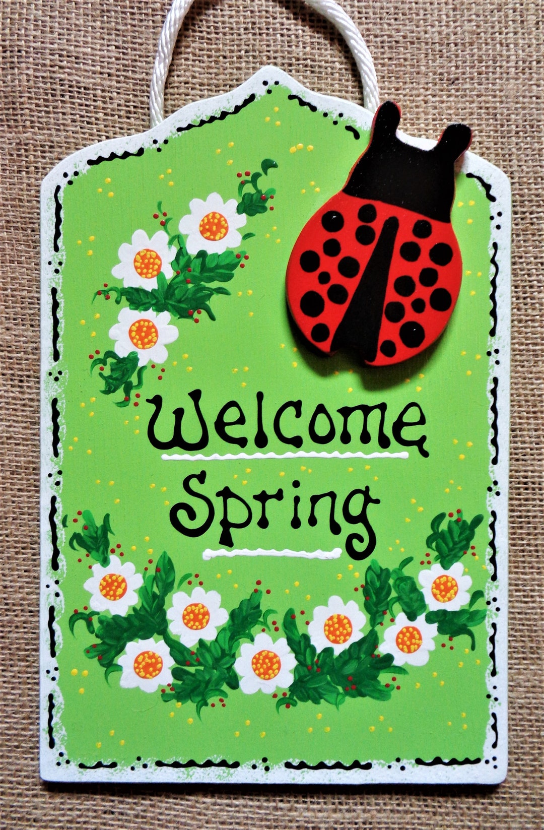 Green WELCOME SPRING Ladybug Door Room SIGN Wood Plaque Wall Art Decor ...