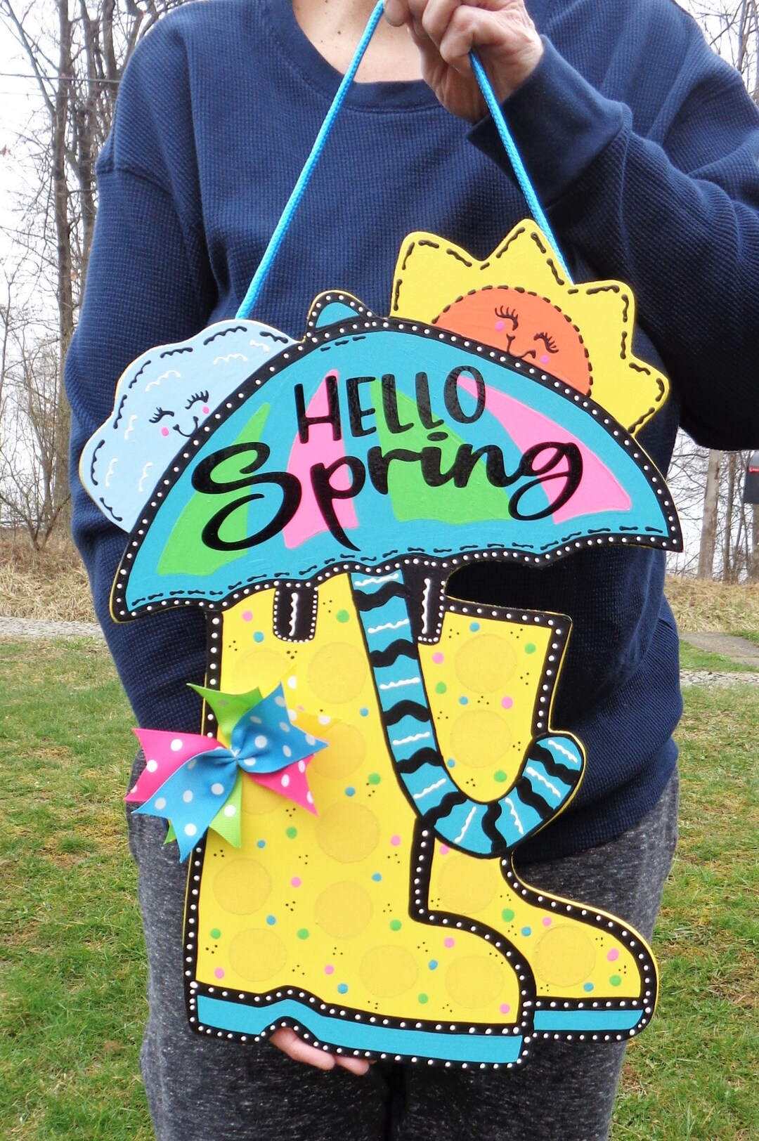 Hello Spring Wooden Door Hanger: Rainboots, Umbrella, Sun 18" - Etsy