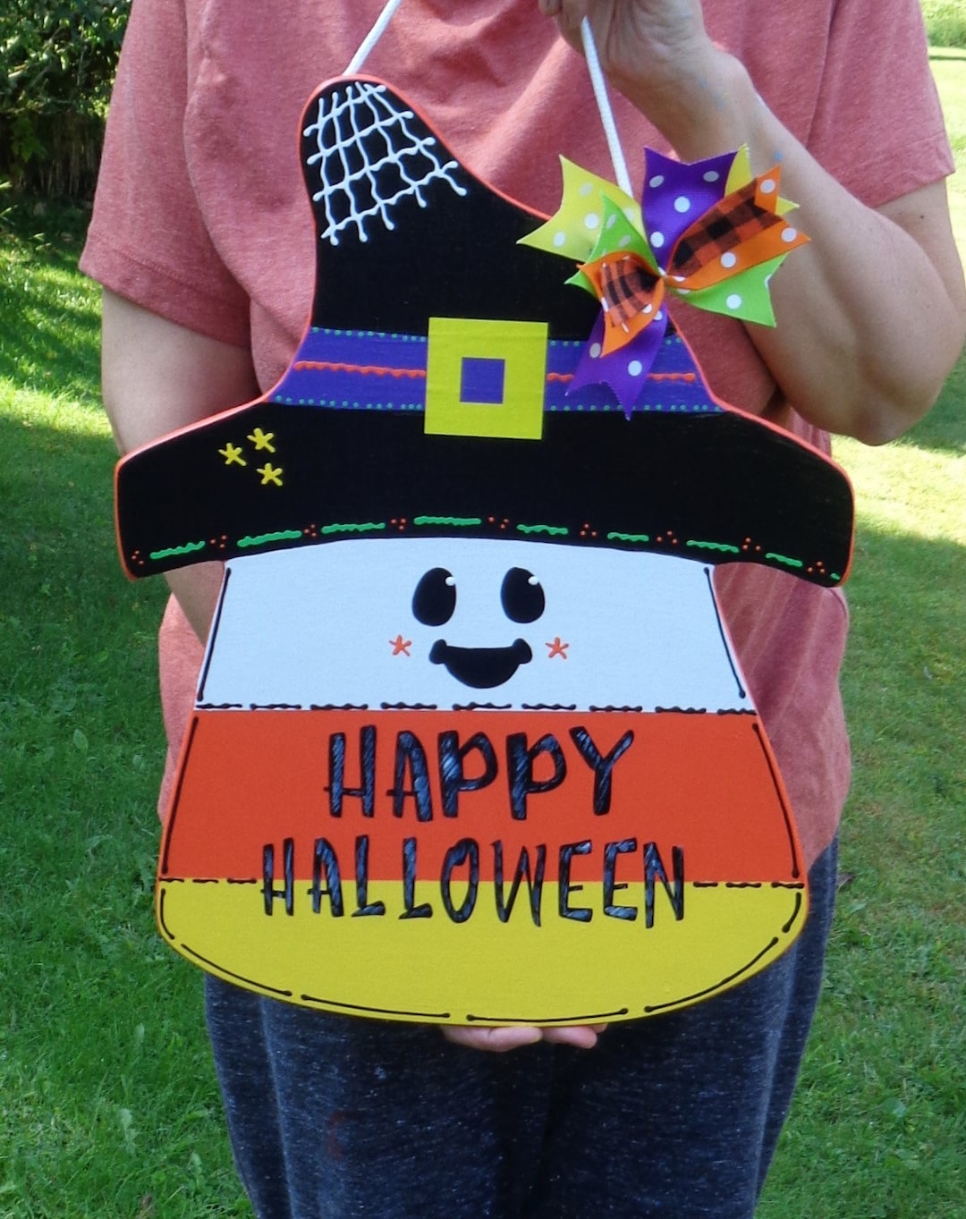 18" Happy Halloween CANDY CORN SIGN Pumpkin Wall Door Plaque Holiday ...