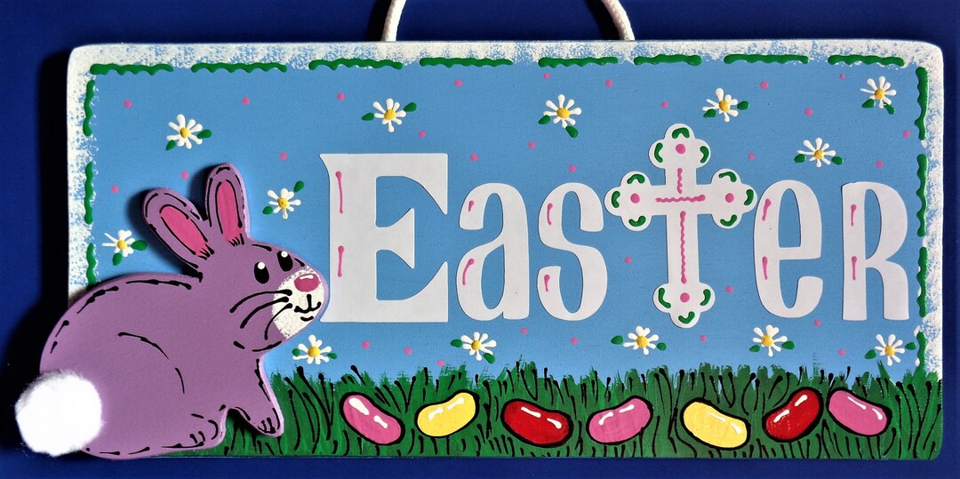 EASTER Bunny Rabbit Wall Door SIGN Hanger Hanging Plaque Seasonal ...