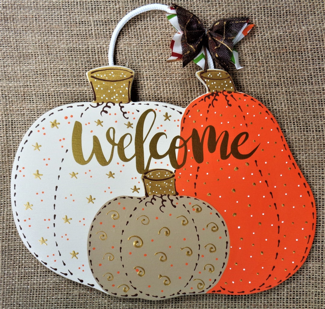 WELCOME Pumpkins THANKSGIVING Fall SIGN Wall Art Hanger Door Plaque ...