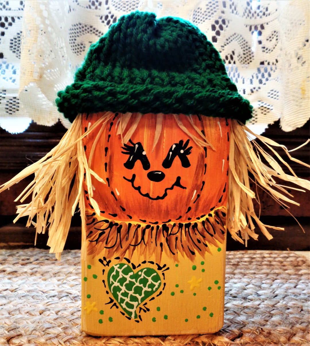 WOOD BLOCK Scarecrow Shelf SITTER Halloween Fall Autumn Country ...