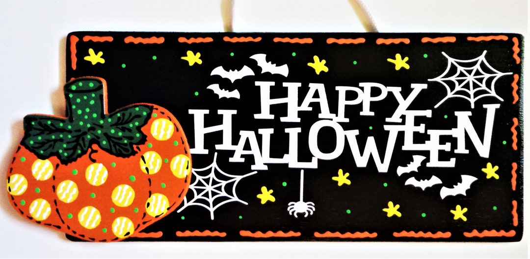 HAPPY HALLOWEEN PUMPKIN Sign Autumn Fall Decor Wall Door Hanging Hanger ...