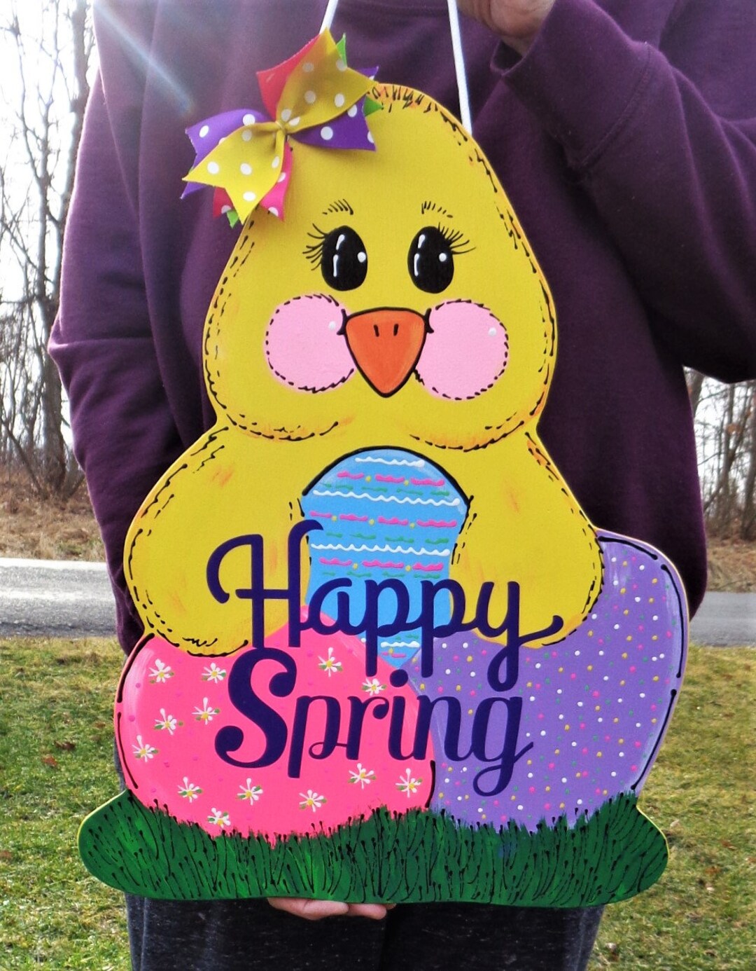 HAPPY SPRING CHICK 18" W/eggs Wall Door Sign Hanger Hanging Plaque ...