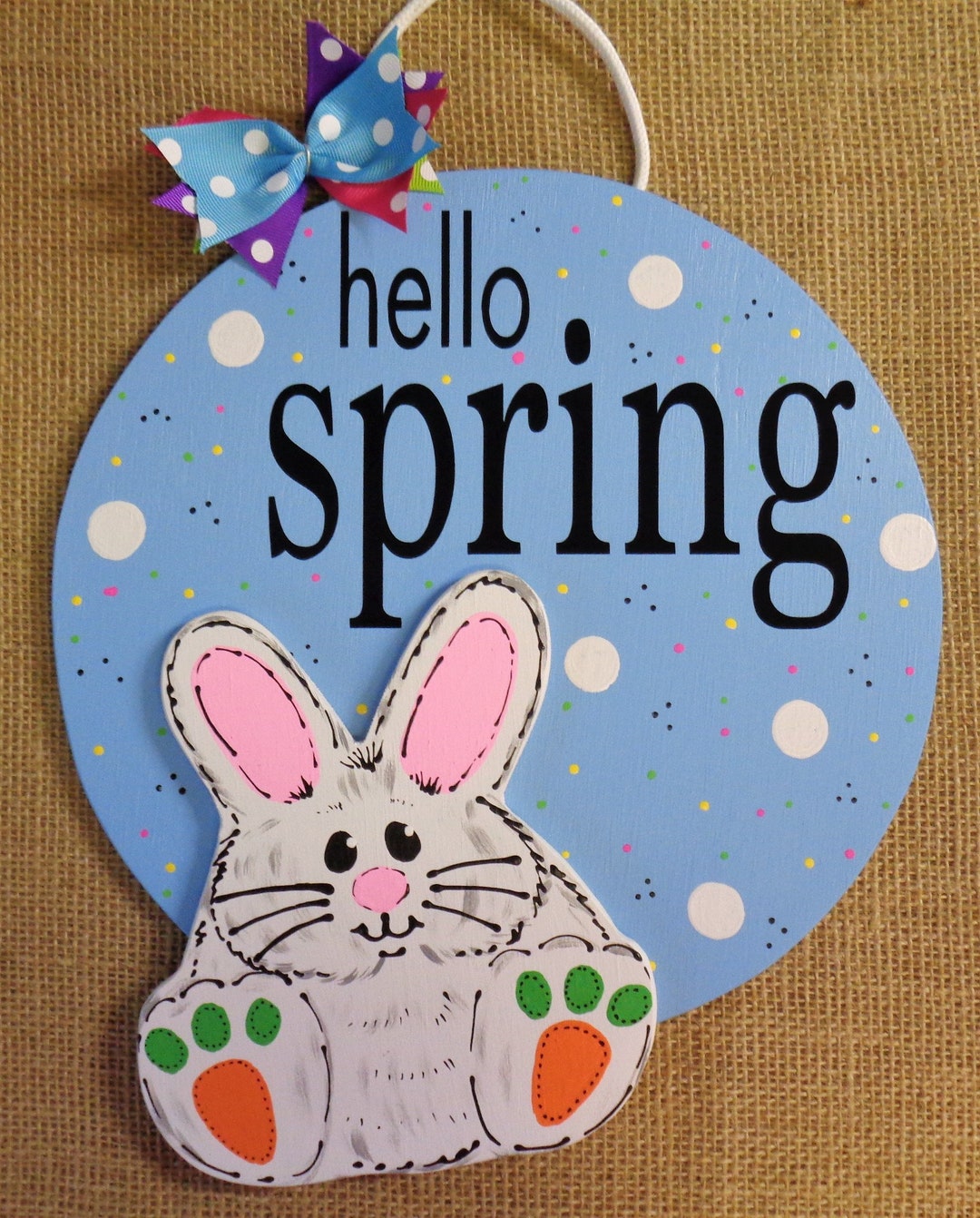 HELLO SPRING Circle Bunny Blue Door Sign Hanger Hanging Plaque Seasonal ...
