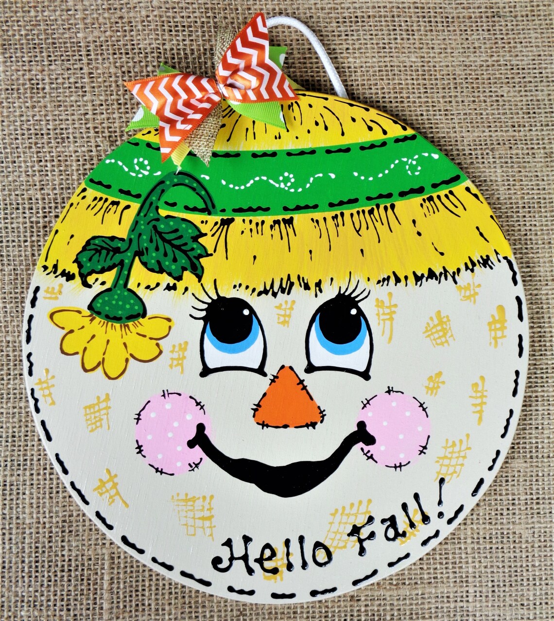 SCARECROW Face CIRCLE Hello Fall SIGN Halloween Holiday Autumn ...