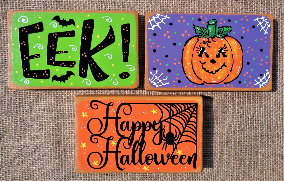 3 PIECE Set Tiered Tray MINI HALLOWEEN Signs Fall Autumn Handcrafted ...
