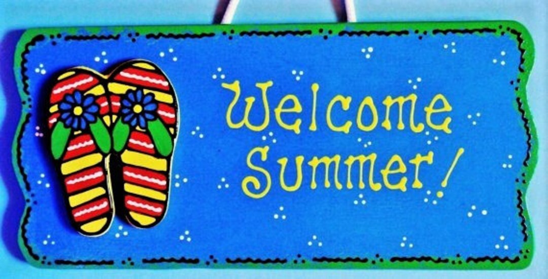 WELCOME SUMMER Flip Flops Sign Tropical Beach Tiki Bar Hot Tub Deck ...