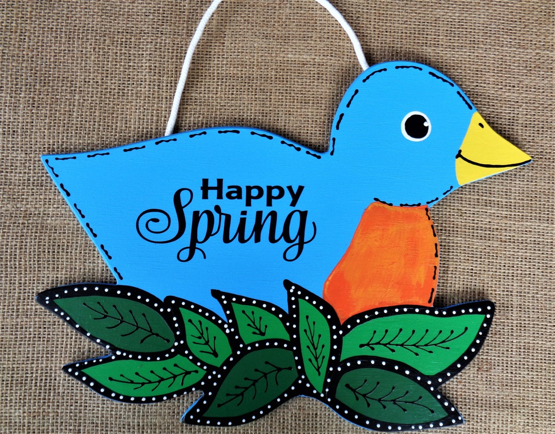 HAPPY SPRING Blue BIRD Sign Wall Door Hanger Plaque Holiday - Etsy