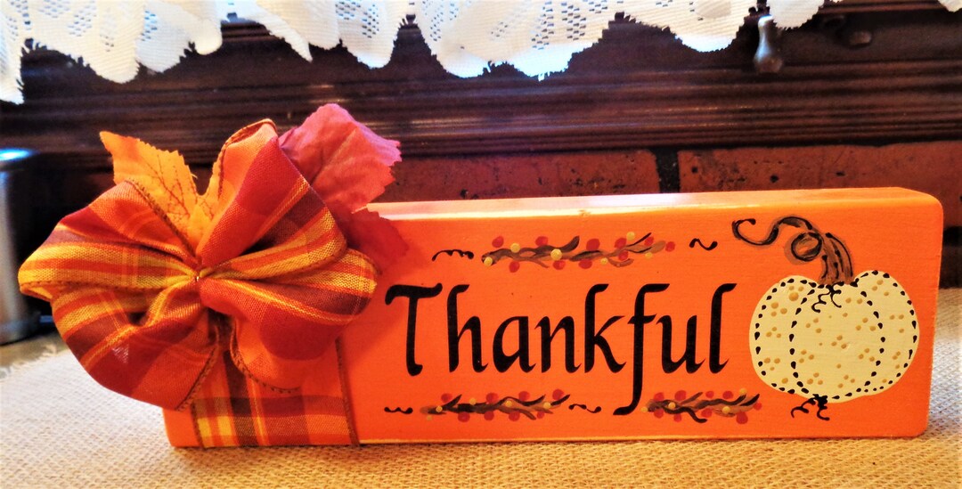 Distressed Thankful WOOD BLOCK Shelf SITTER Thanksgiving Fall Autumn ...