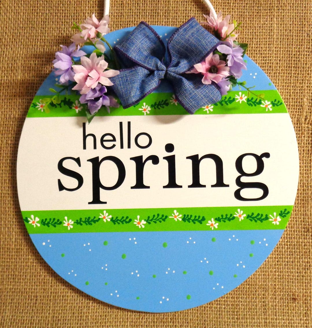 Hand Painted Hello Spring Wooden Door Hanger With Flowers - Etsy