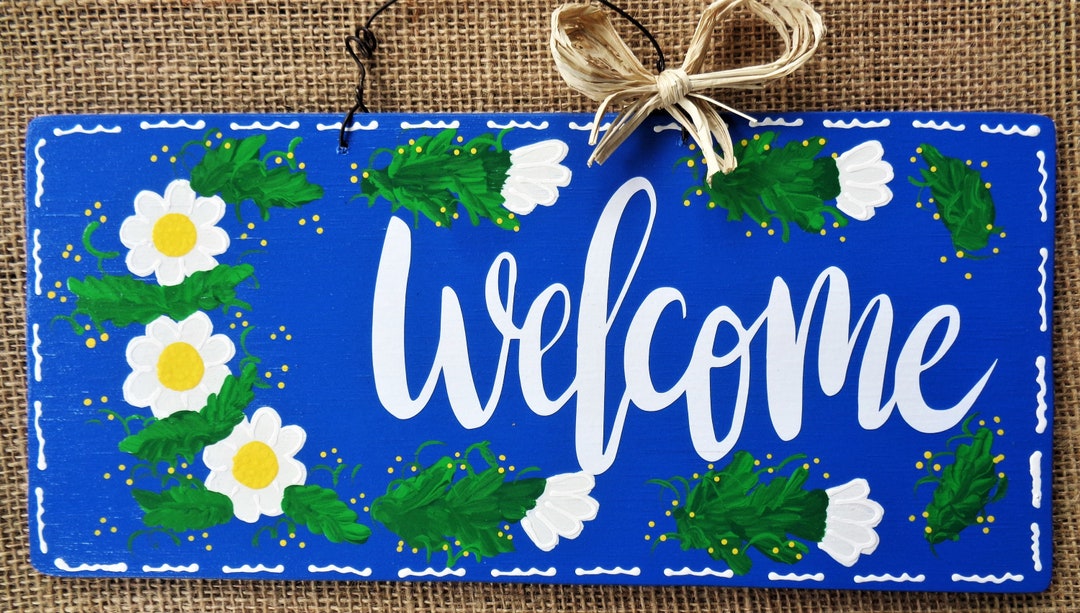 FLORAL DAISY Welcome SIGN Wall Art Hanger Plaque Country Wood Crafts ...
