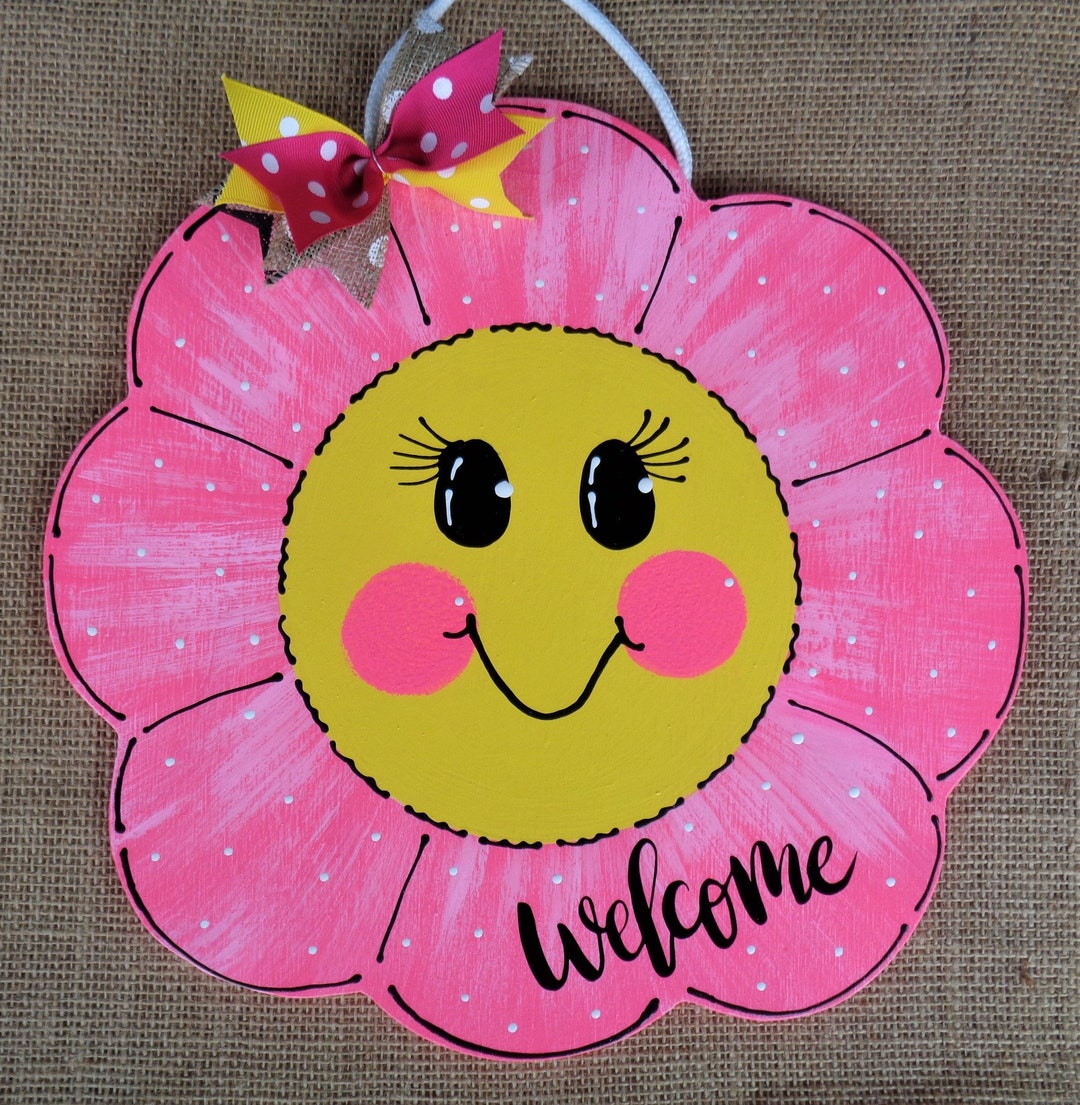 Handcrafted Hot Pink Flower Welcome Sign: Painted Wood Door Hanger - Etsy