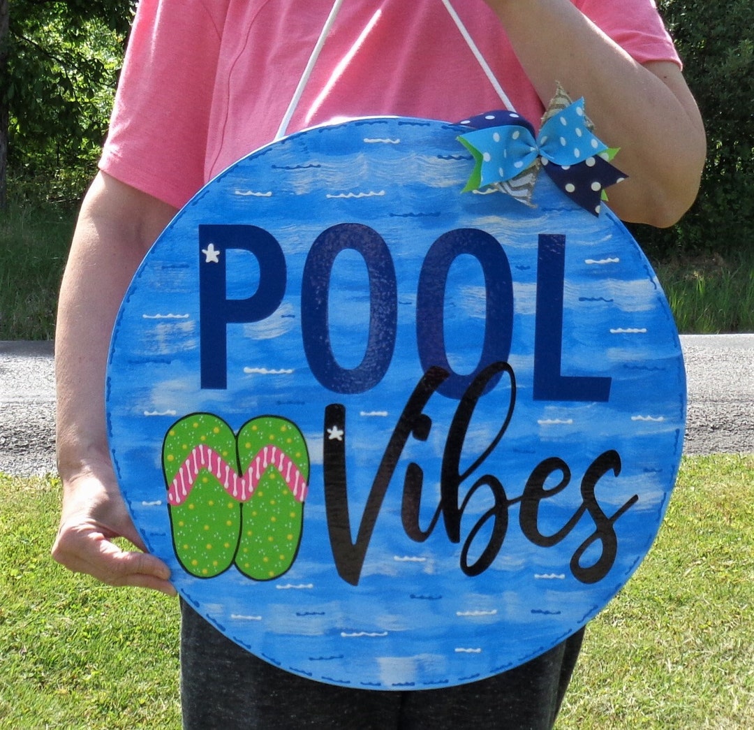 18" POOL VIBES Circle Sign Wood Handcrafted Plaque Door Blue Hanger ...