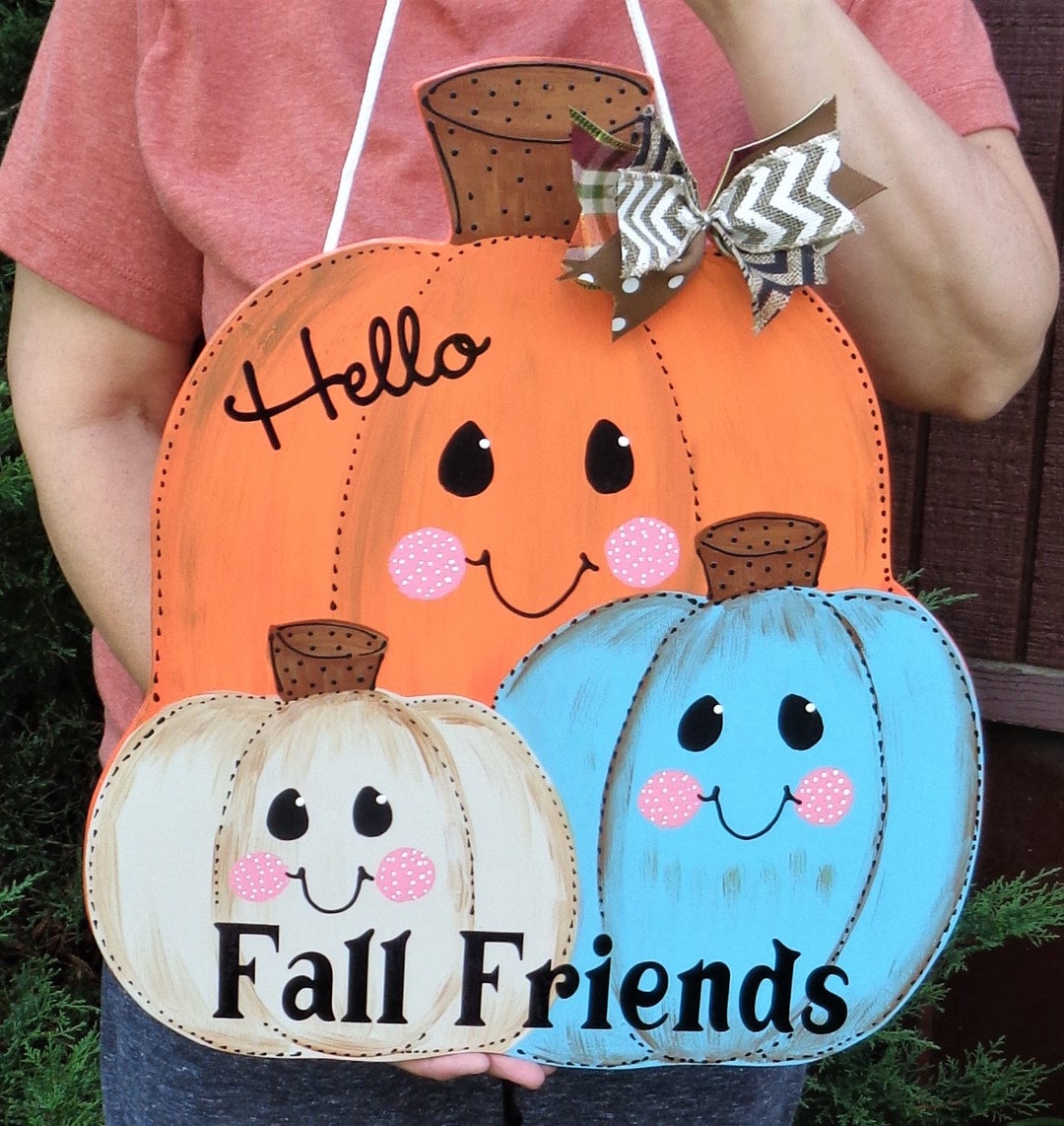16" Hello Fall Friends Pumpkin Grouping THANKSGIVING Fall SIGN Hanger ...
