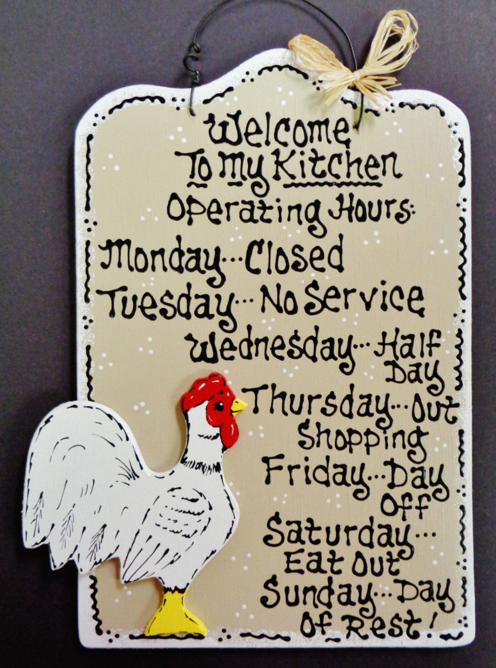 Taupe ROOSTER OVERLAY Kitchen Operating Hours SIGN Plaque Wood Chicken ...