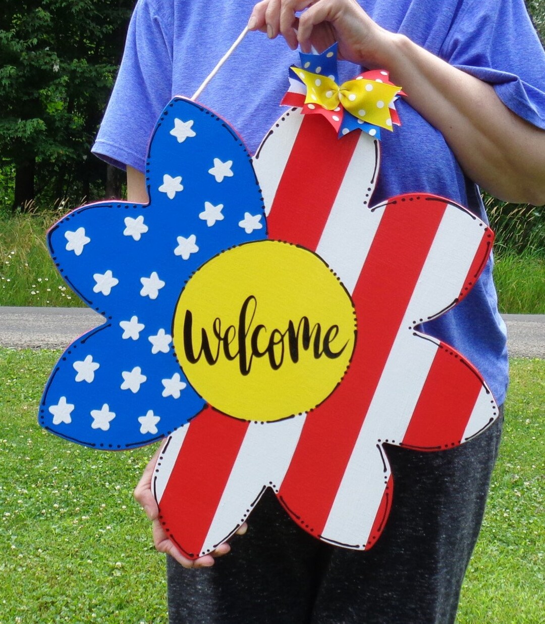 Americana Welcome Sign: Hand-painted Stars and Stripes Wooden Door ...