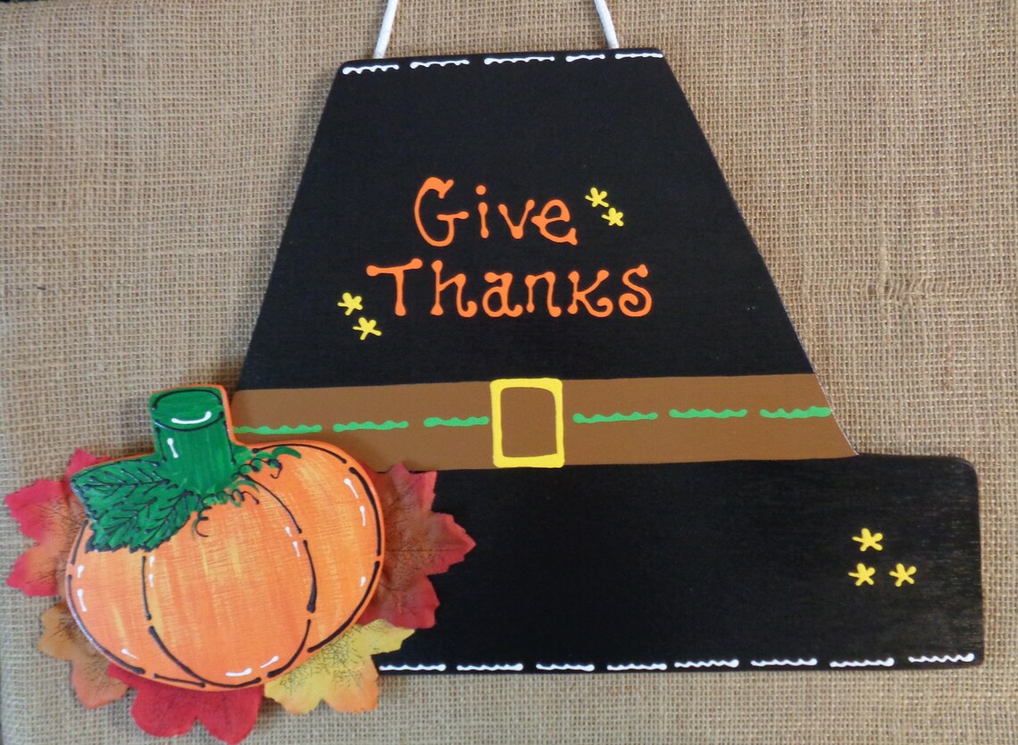 Give Thanks PILGRIM HAT Thanksgiving Sign Wall Hanger Plaque Pumpkin ...