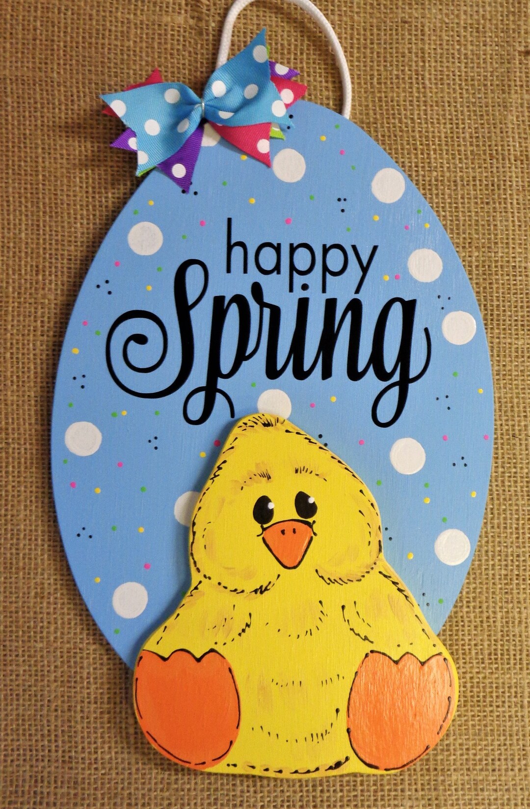 HAPPY SPRING Chick Blue Egg Shaped Door Sign Hanger Hanging Plaque ...