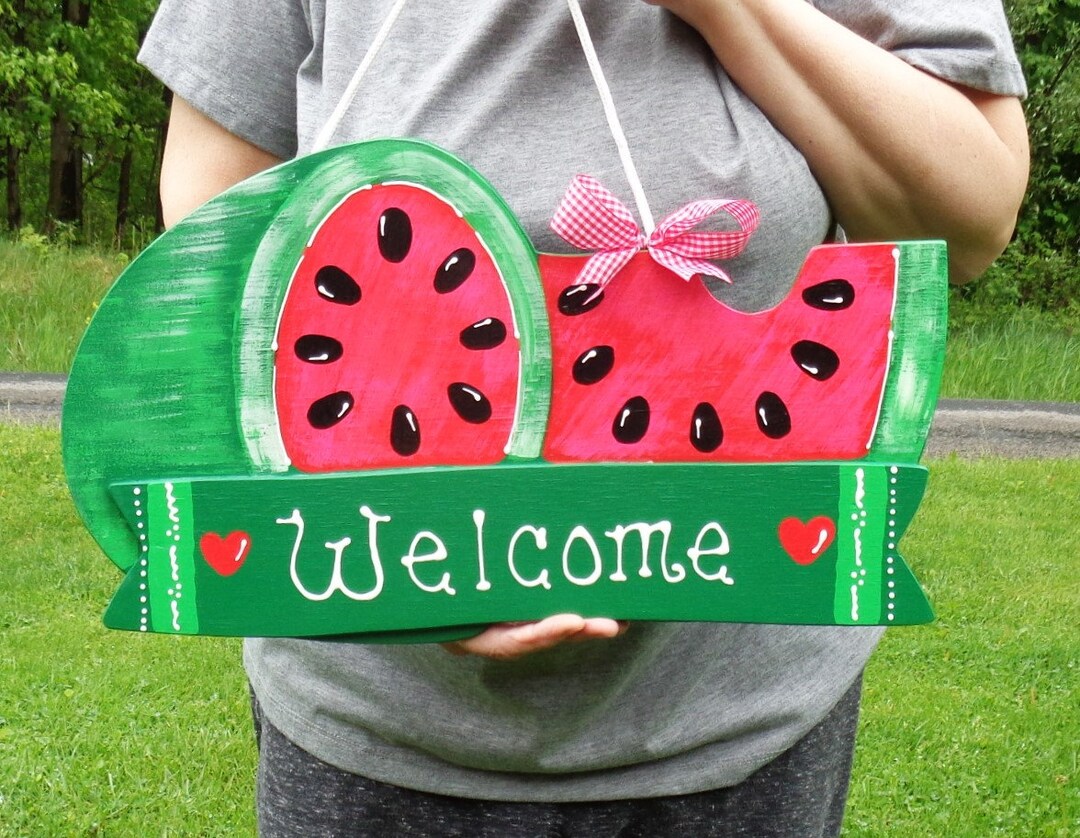 WATERMELON Welcome SIGN Hanger Plaque Home Porch Deck Patio Decor Mesh ...
