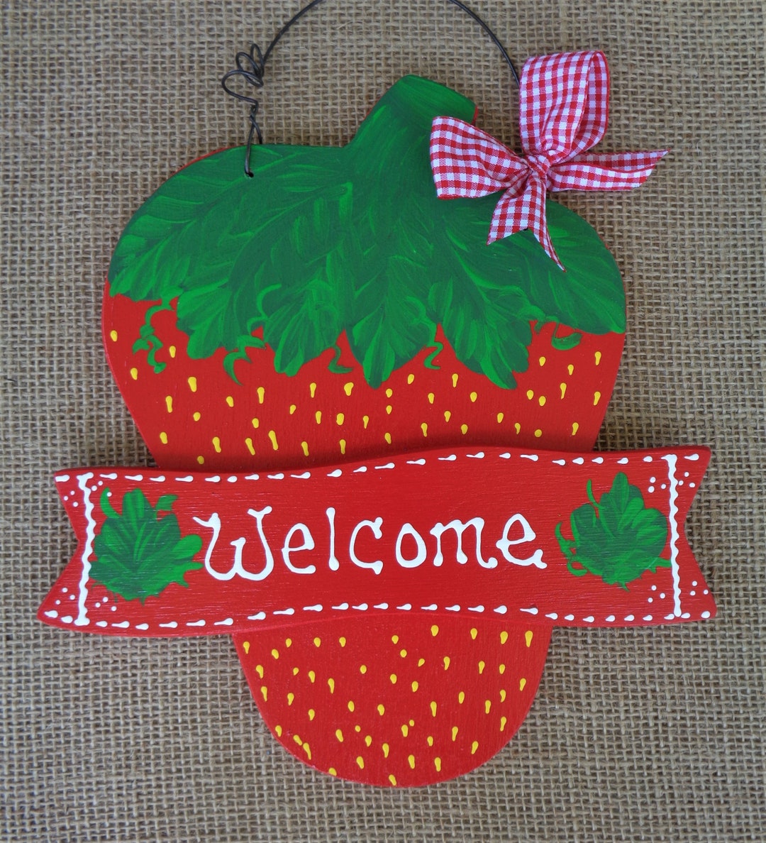 STRAWBERRY WELCOME Shaped SIGN Plaque Country Wood Crafts Home Seasonal ...